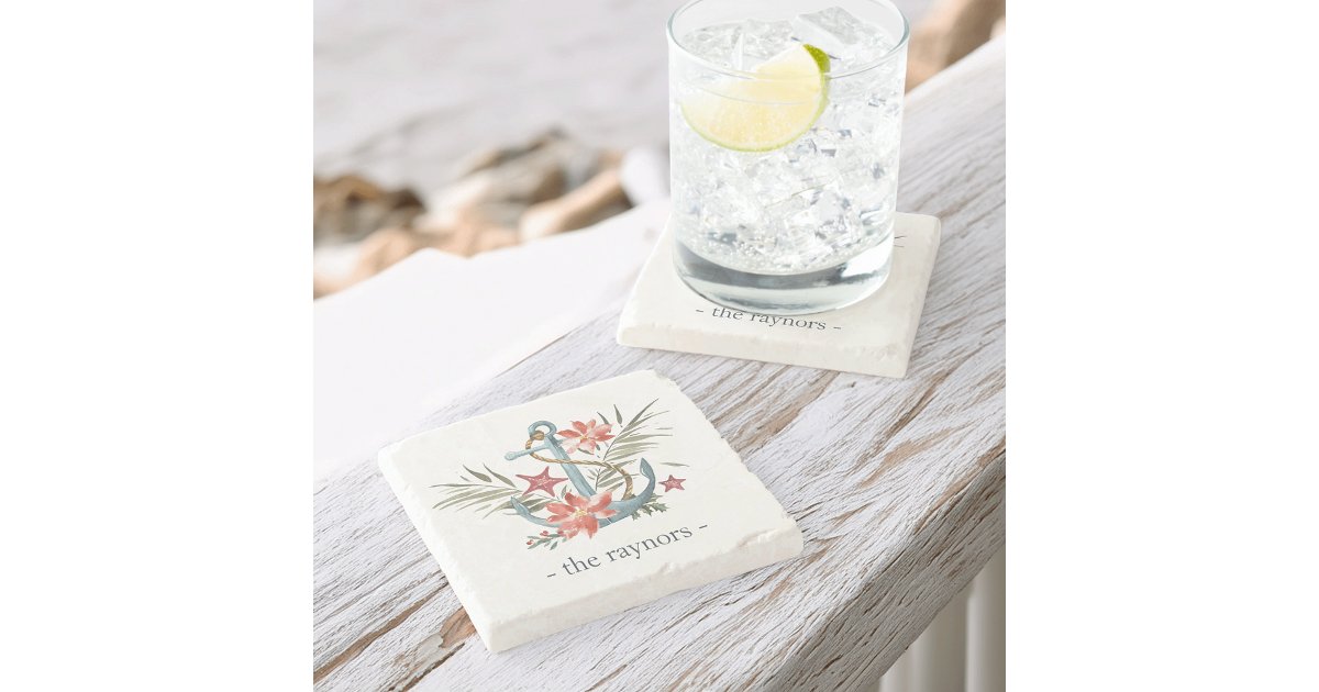 Seaside Holiday Personalized Family Name Stone Coaster | Zazzle