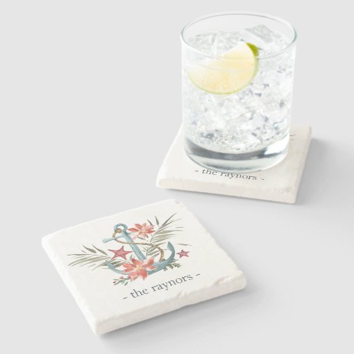 Seaside Holiday Personalized Family Name Stone Coaster | Zazzle