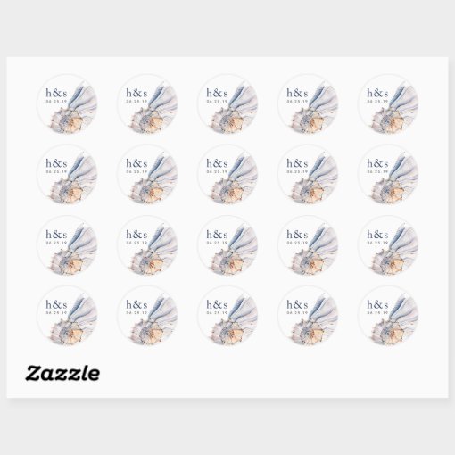 Seaside | Nautical Seashell Wedding Monogram Classic Round Sticker | Zazzle