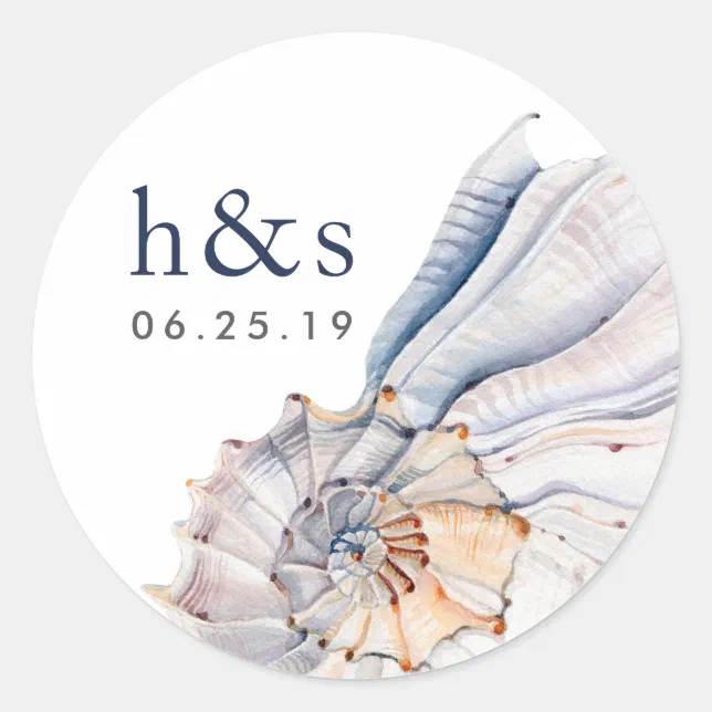 Seaside | Nautical Seashell Wedding Monogram Classic Round Sticker | Zazzle