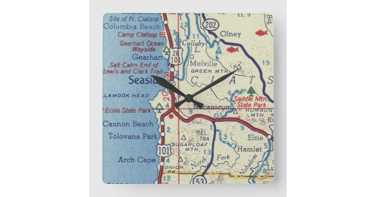 Seaside Oregon Vintage Map Square Wall Clock | Zazzle
