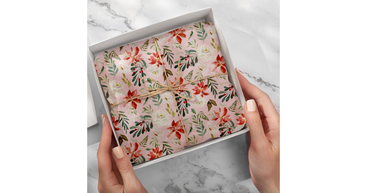 Seasonal holly berries poinsettia pastel pattern tissue paper | Zazzle