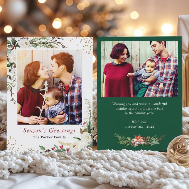 Seasonal Rustic Berries Floral Christmas 2 Photo Holiday Card | Zazzle