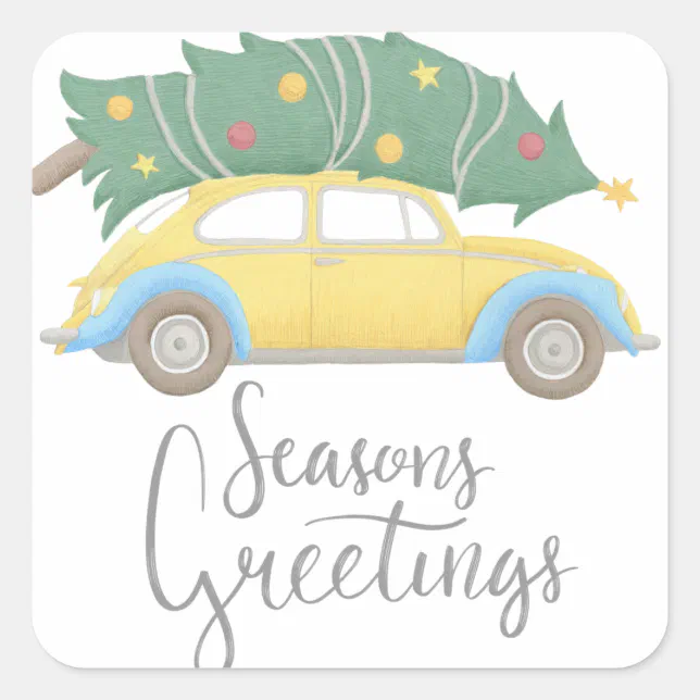 Seasons Greetings Car & Tree Square Sticker | Zazzle