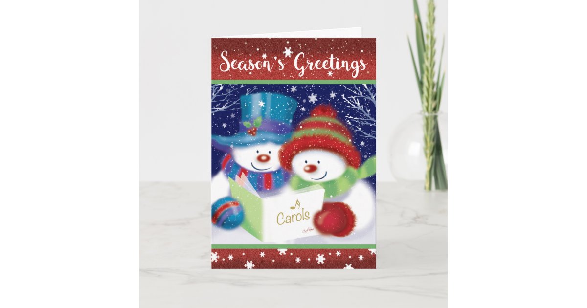 Season's Greetings, Carol Singing Snowman & woman Holiday Card | Zazzle
