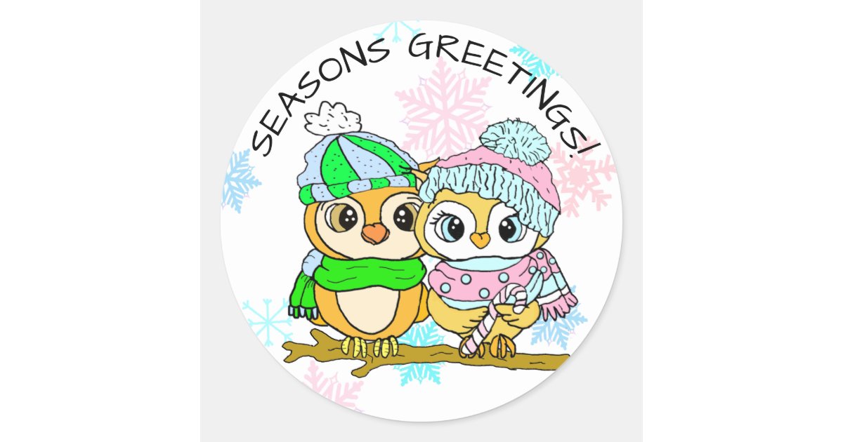 Seasons Greetings Cute Owl Couple Christmas Classic Round Sticker | Zazzle