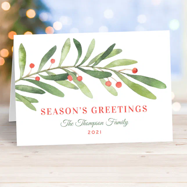 Seasons Greetings Green Red Winter Greenery Holiday Card | Zazzle