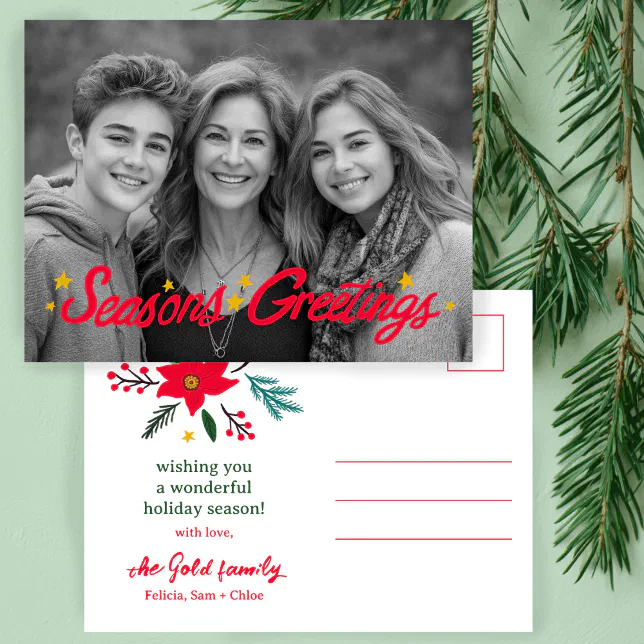 SEASONS GREETINGS Hand-Drawn CUSTOM PHOTO Holiday Postcard | Zazzle