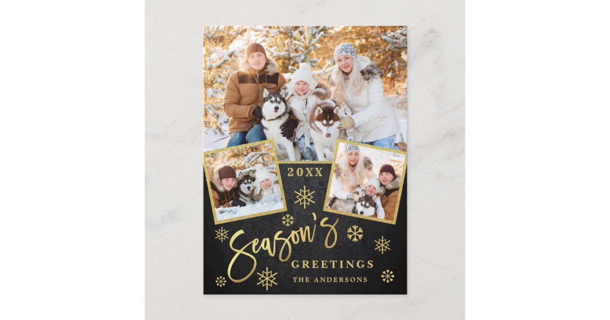 Season's Greetings Modern 3 PHOTO Greeting Postcard | Zazzle