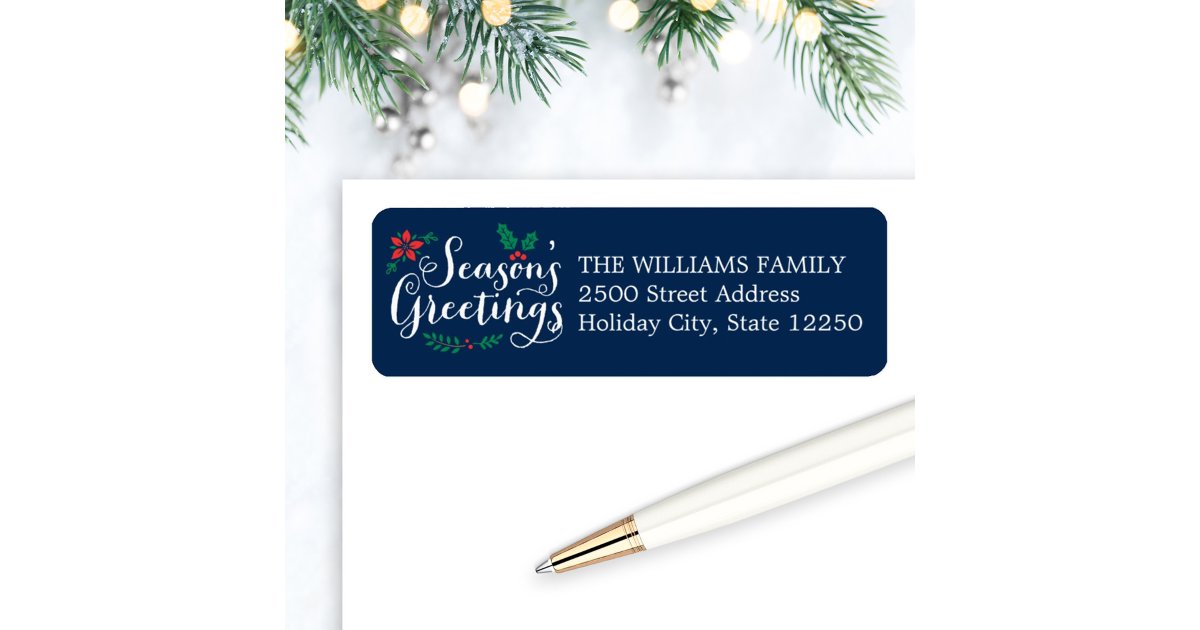 Seasons Greetings Navy Blue Holiday Return Address Label | Zazzle