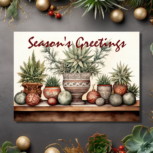 Season's Greetings Potted Succulents Christmas Holiday Card | Zazzle