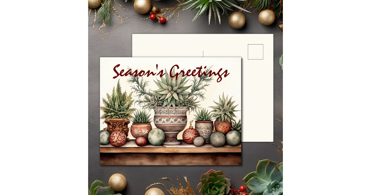 Season's Greetings Potted Succulents Christmas Holiday Postcard | Zazzle