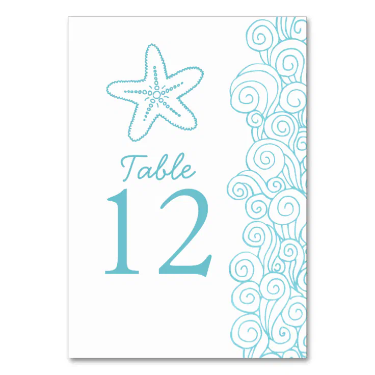 Seastar waves aqua beach Wedding table numbers | Zazzle