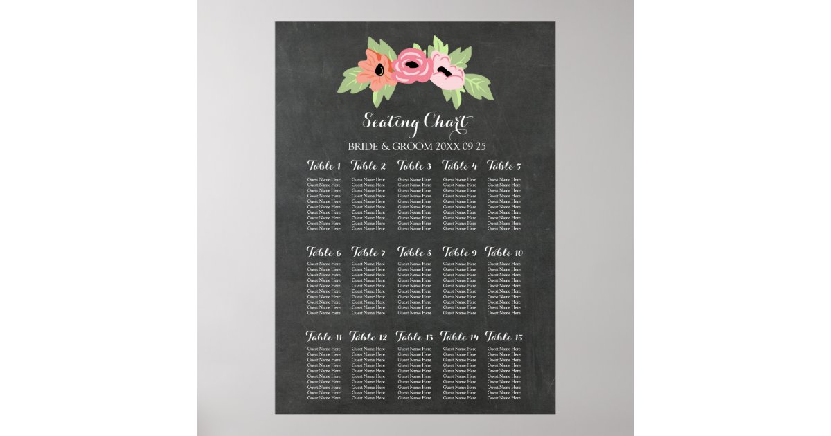 Seating Chart 15 Table 150 Guest Chalkboard Floral | Zazzle