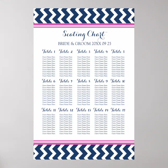 Seating Chart 15 Table 150 Guest Pink Blue Chevron | Zazzle