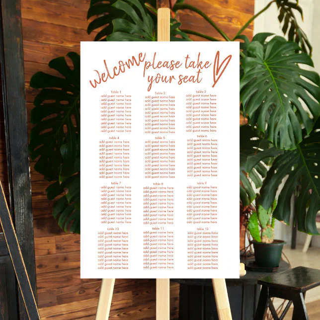 Seating Chart Boho Heart Minimalist Terracotta Foam Board | Zazzle