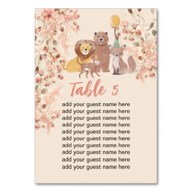 Seating Chart Boho Safari party cute fox lion bear Table Number | Zazzle