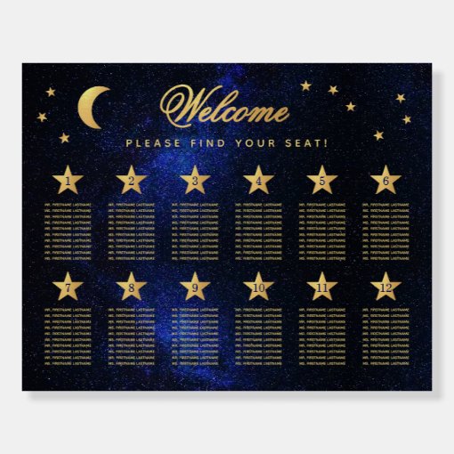 Seating Chart Celestial 12 Tables Gold Stars Blue Foam Board | Zazzle