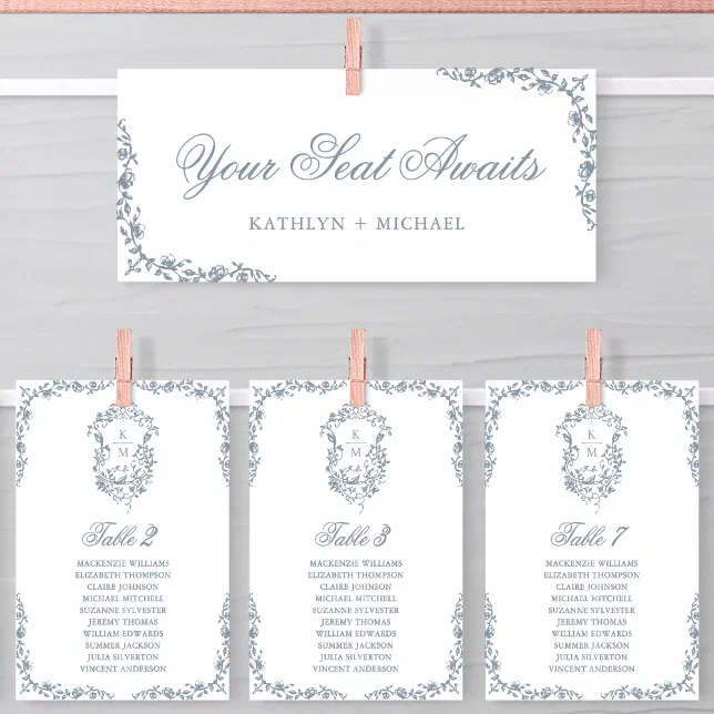 Seating Chart Header Dusty Blue Vintage Crest Card | Zazzle