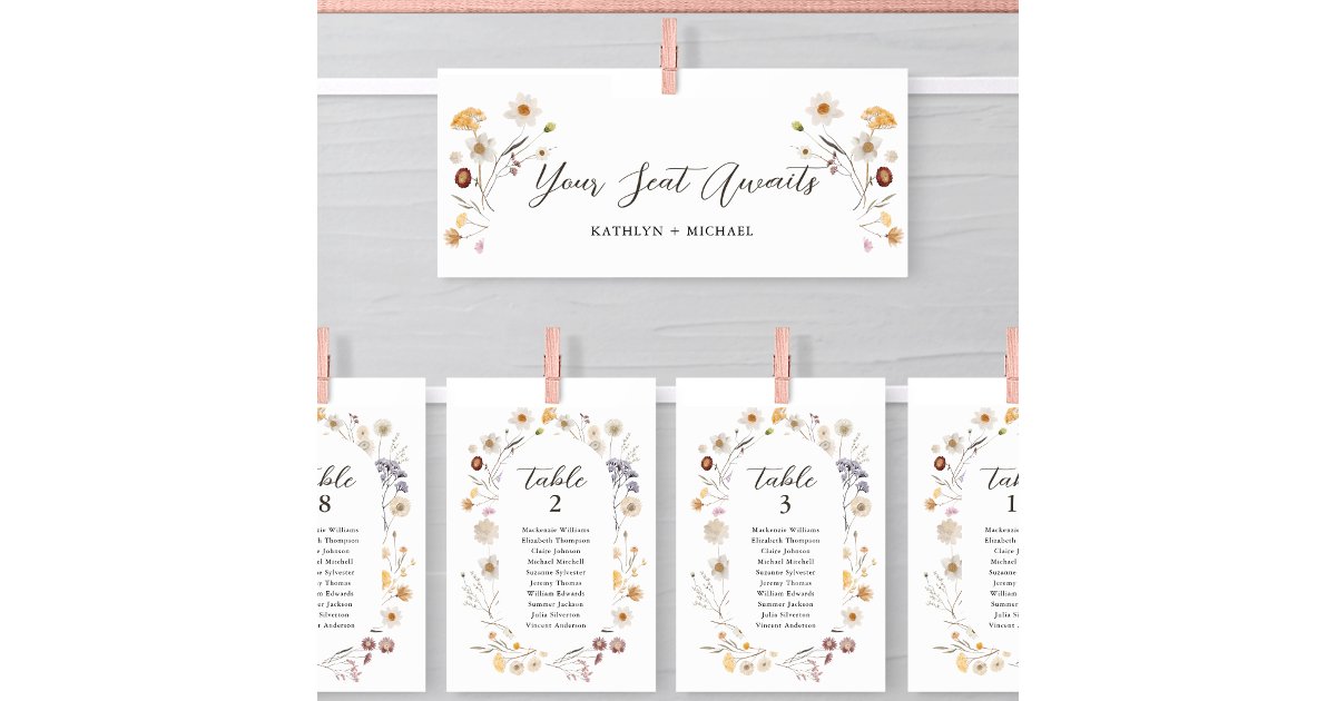 Seating Chart Header Modern Boho Wildflower Card | Zazzle