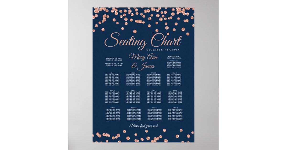 Seating Chart Rose Gold Faux Glitter Confetti Navy | Zazzle