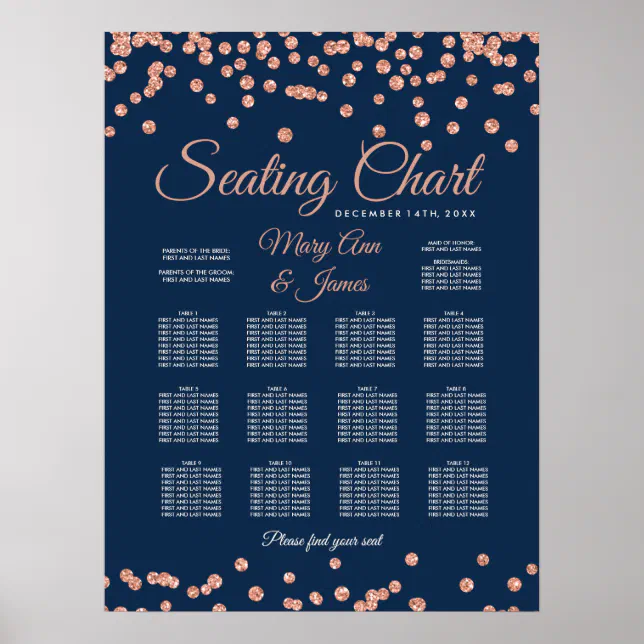 Seating Chart Rose Gold Faux Glitter Confetti Navy | Zazzle