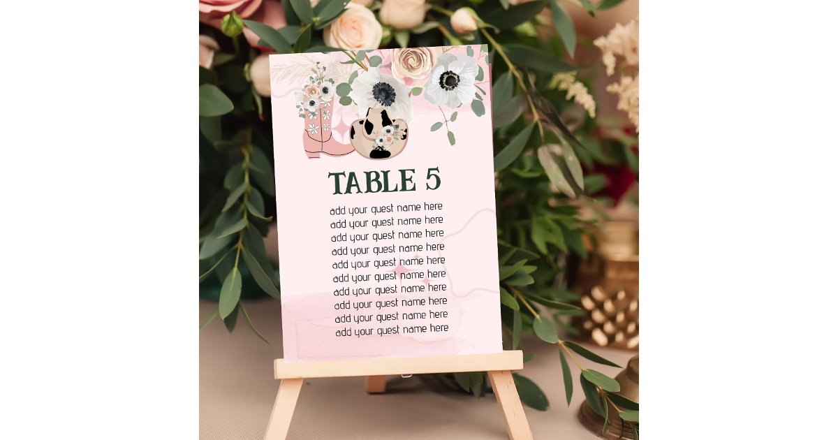 Seating Chart Western Cowgirl Pink Boots Hat Table Number | Zazzle