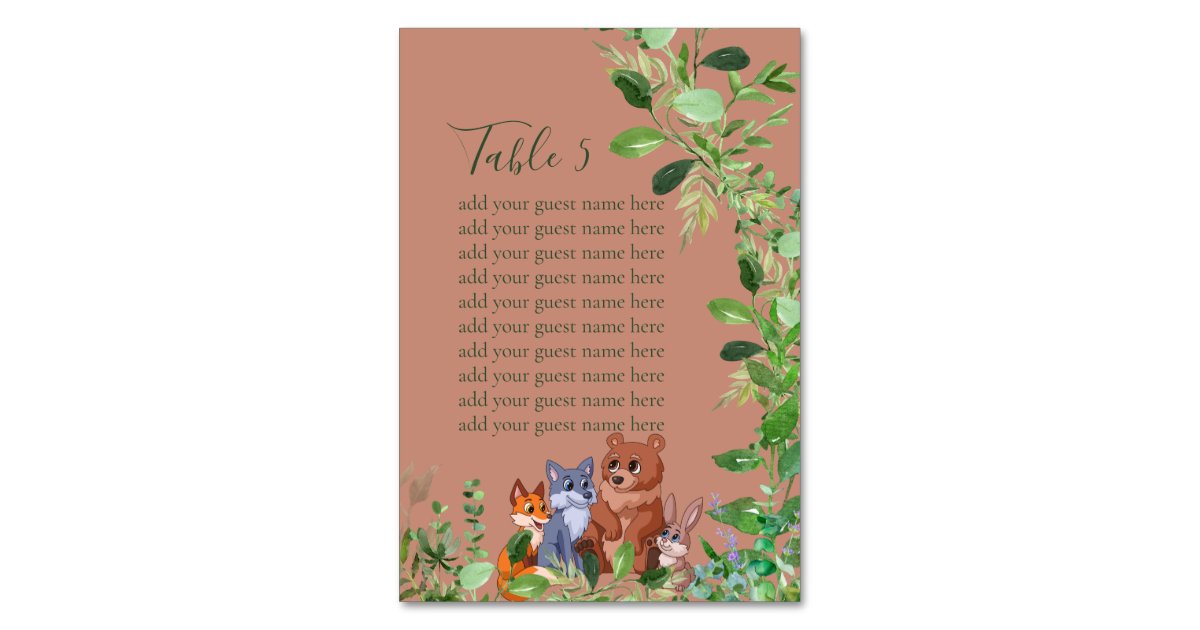 Seating Chart Woodland baby animal friends Table Number | Zazzle
