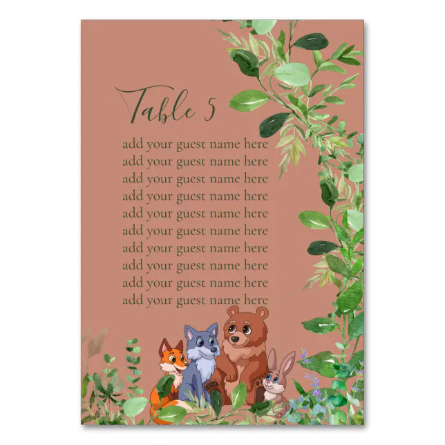 Seating Chart Woodland baby animal friends Table Number | Zazzle