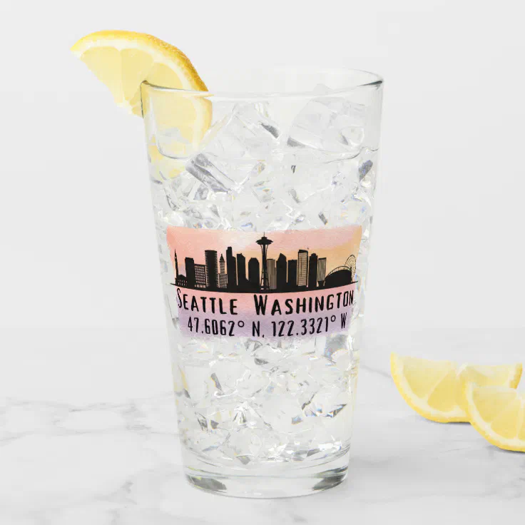 Seattle City Skyline Latitude and Longitude Pint Glass | Zazzle