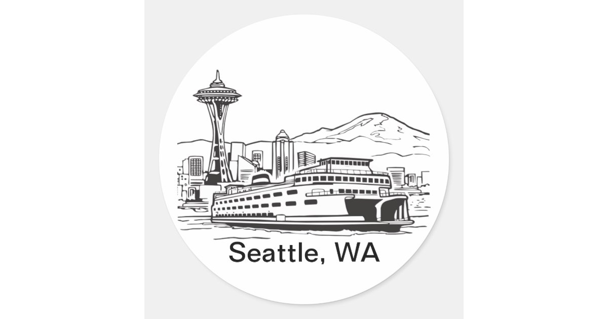 Seattle Ferry & Skyline Line Art Washington State Classic Round Sticker ...