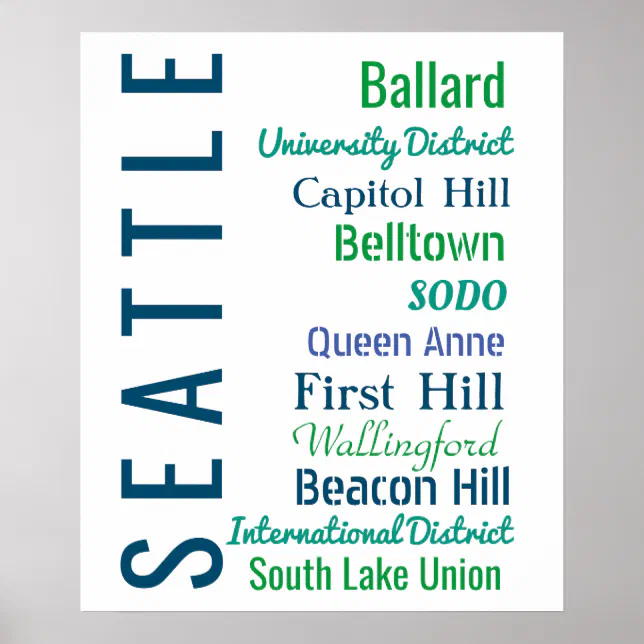 Seattle Neighborhoods Typography Poster | Zazzle