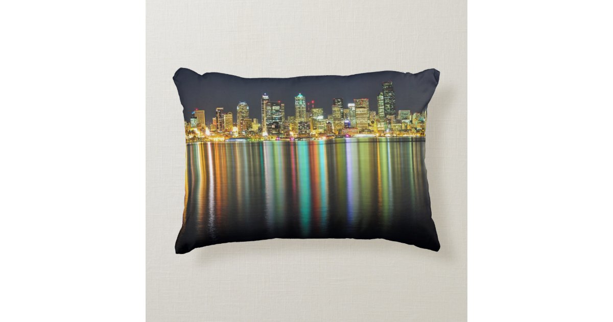 Seattle skyline at night with reflection accent pillow | Zazzle