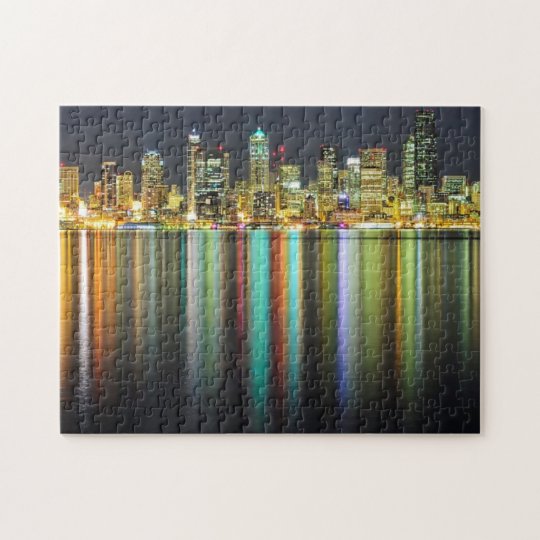 Seattle skyline at night with reflection jigsaw puzzle | Zazzle.com