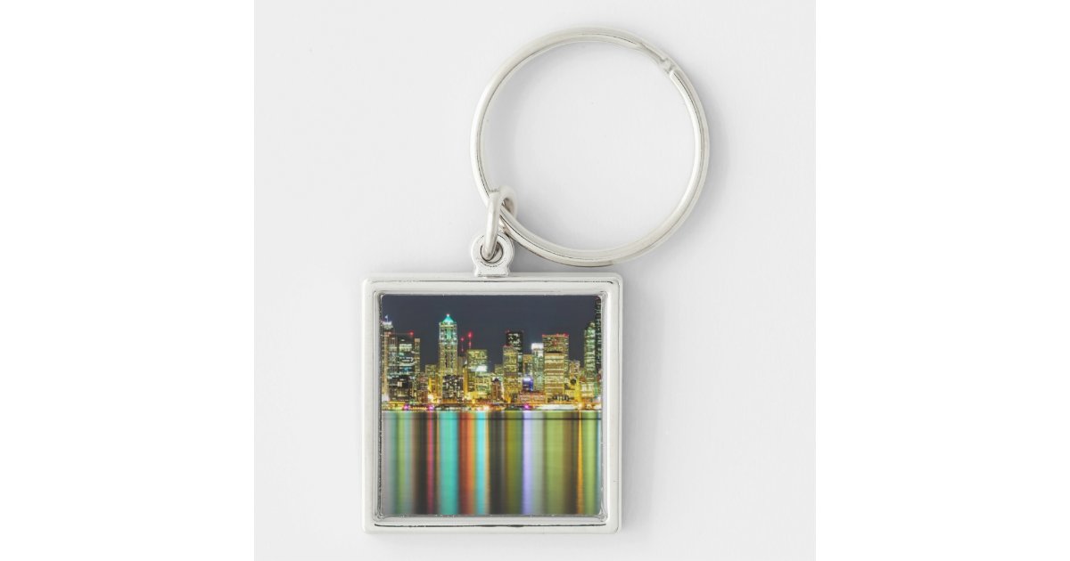 Seattle skyline at night with reflection keychain | Zazzle