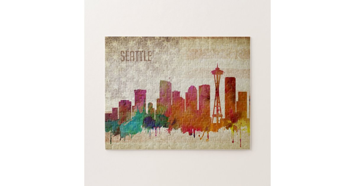 Seattle, WA | Watercolor City Skyline Jigsaw Puzzle | Zazzle