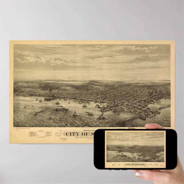 Seattle Washington 1878 Antique Panoramic Map Poster | Zazzle