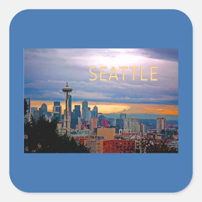 Seattle Washington Skyline at Sunset TEXT SEATTLE Square Sticker | Zazzle