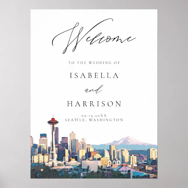 SEATTLE Watercolor Skyline Wedding Welcome Sign | Zazzle