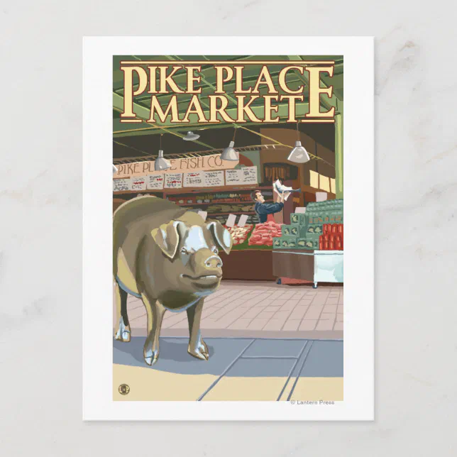 SeattleFish Toss and Bronze Pig at Pike Place Postcard | Zazzle