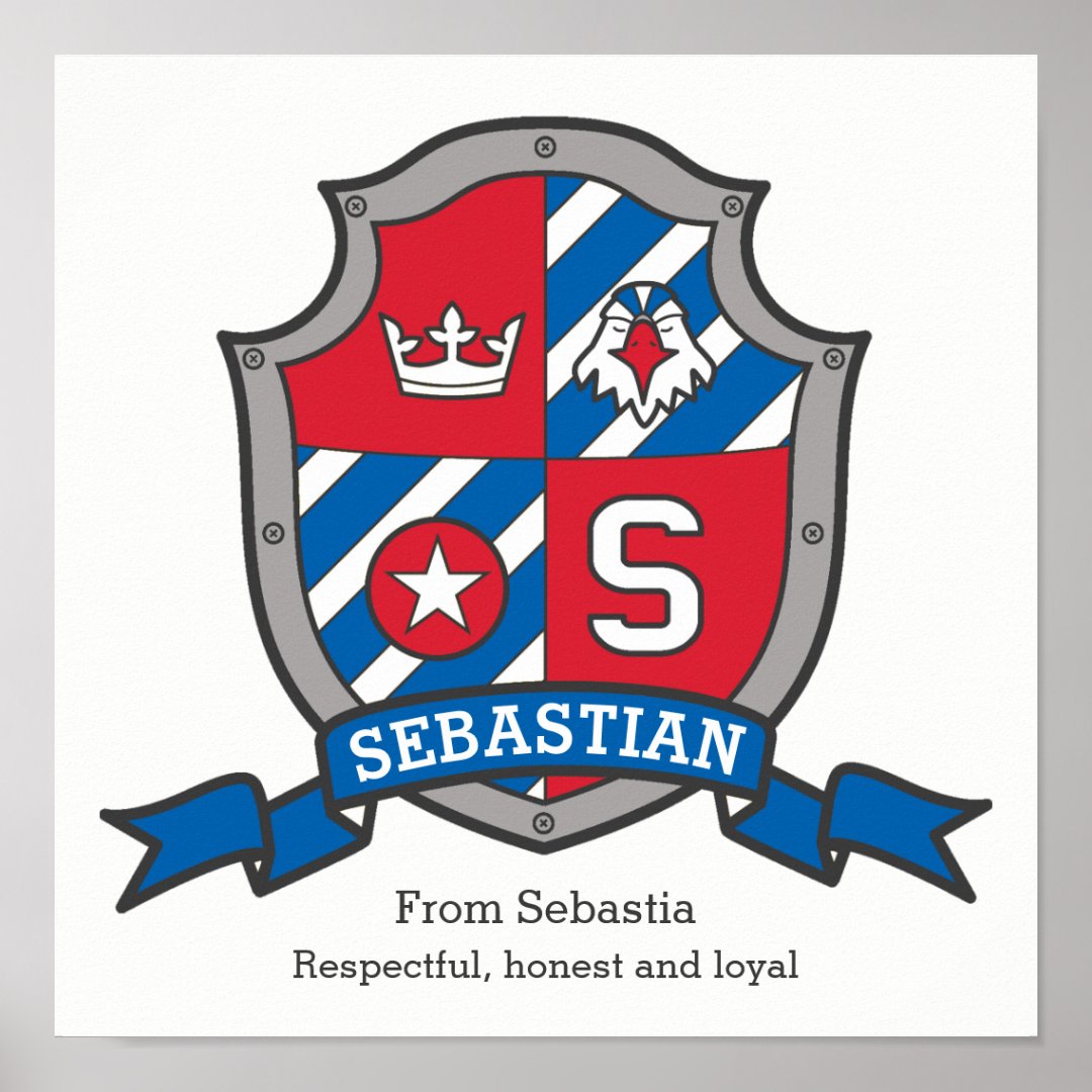 Sebastian boys name meaning heraldry shield poster | Zazzle