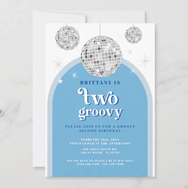 Second Birthday Blue Navy Retro Disco arch Invitation | Zazzle