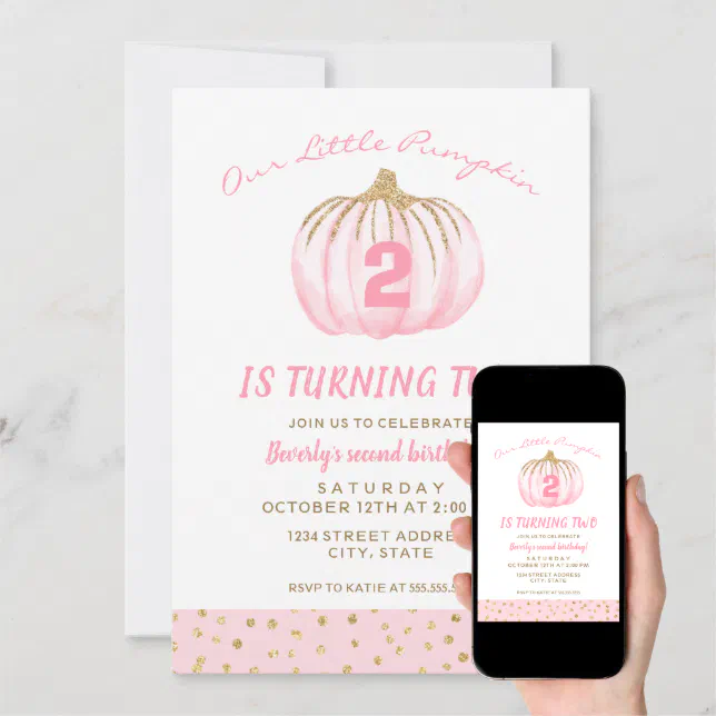 Second Birthday Pink Little Pumpkin is Turning Two Invitation | Zazzle
