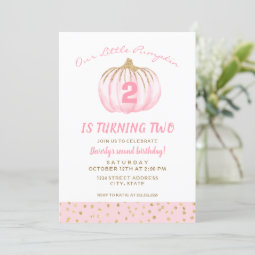 Second Birthday Pink Little Pumpkin is Turning Two Invitation | Zazzle