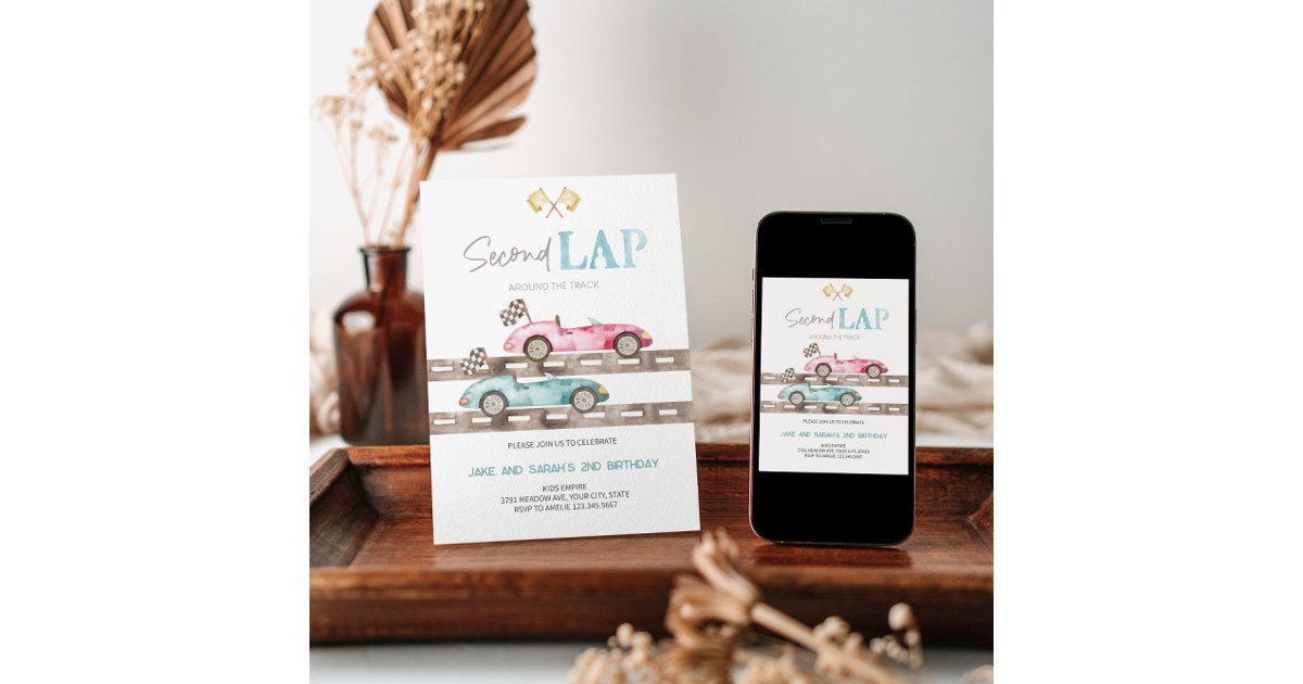 Second Lap Race Car Twins Birthday Invitation | Zazzle