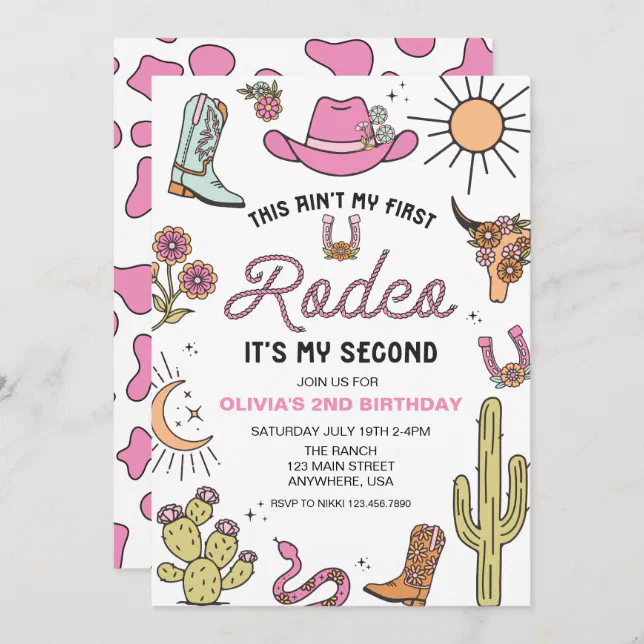 Second Rodeo Pink Western 2nd Birthday Invitation | Zazzle
