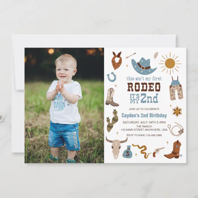 Second Rodeo Western Cowboy 2nd Birthday Photo Invitation | Zazzle