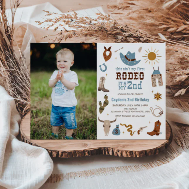 Second Rodeo Western Cowboy 2nd Birthday Photo Invitation | Zazzle