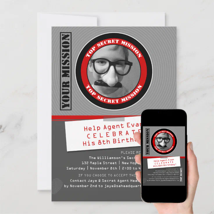 Secret Agent Custom Photo Birthday Invitation | Zazzle