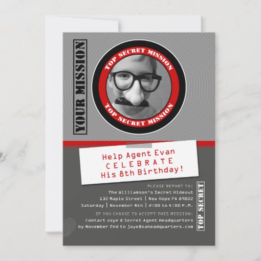 Secret Agent Custom Photo Birthday Invitation | Zazzle